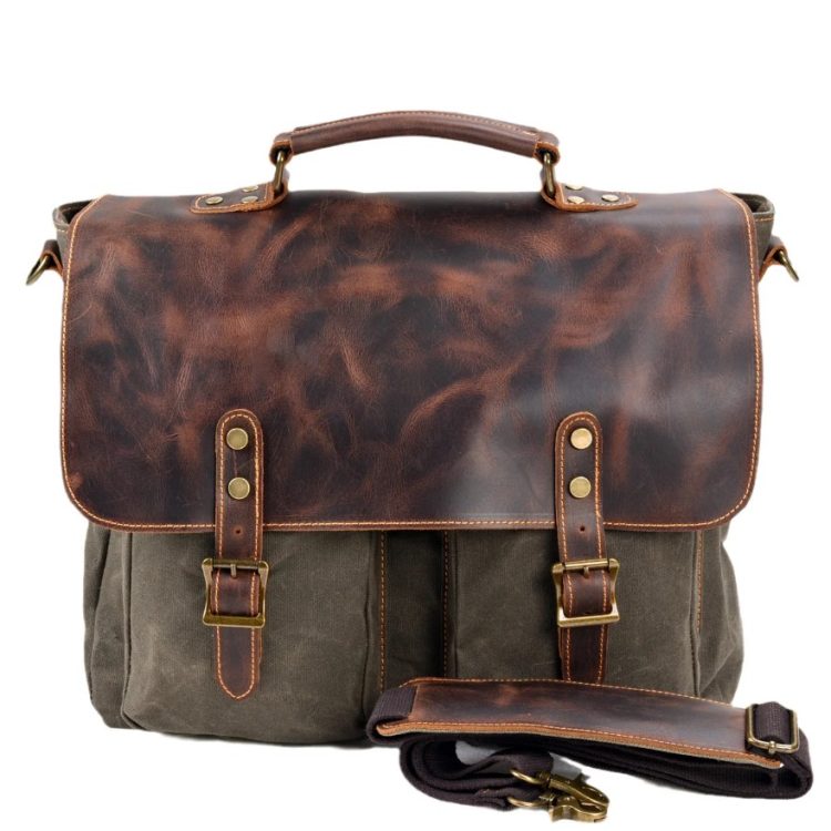 16" army green vintage military leather canvas laptop bag 5150 - Blok Shop